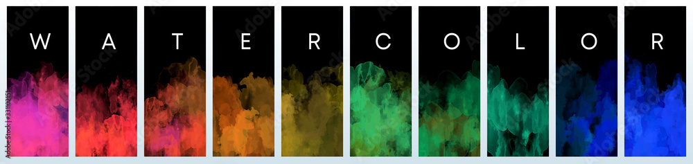 Big set of bright vector colorful watercolor on vertical black ...