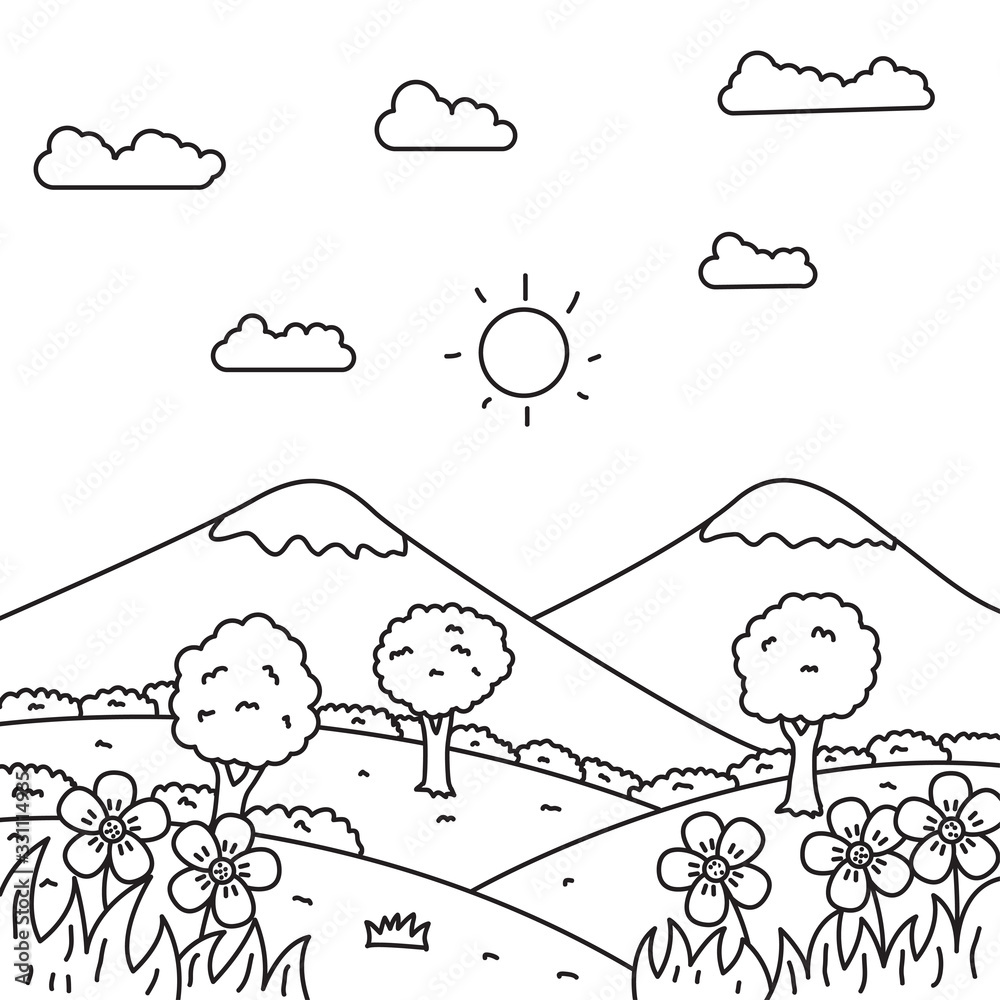 Landscape vector illustration in line art style suitable for kids ...