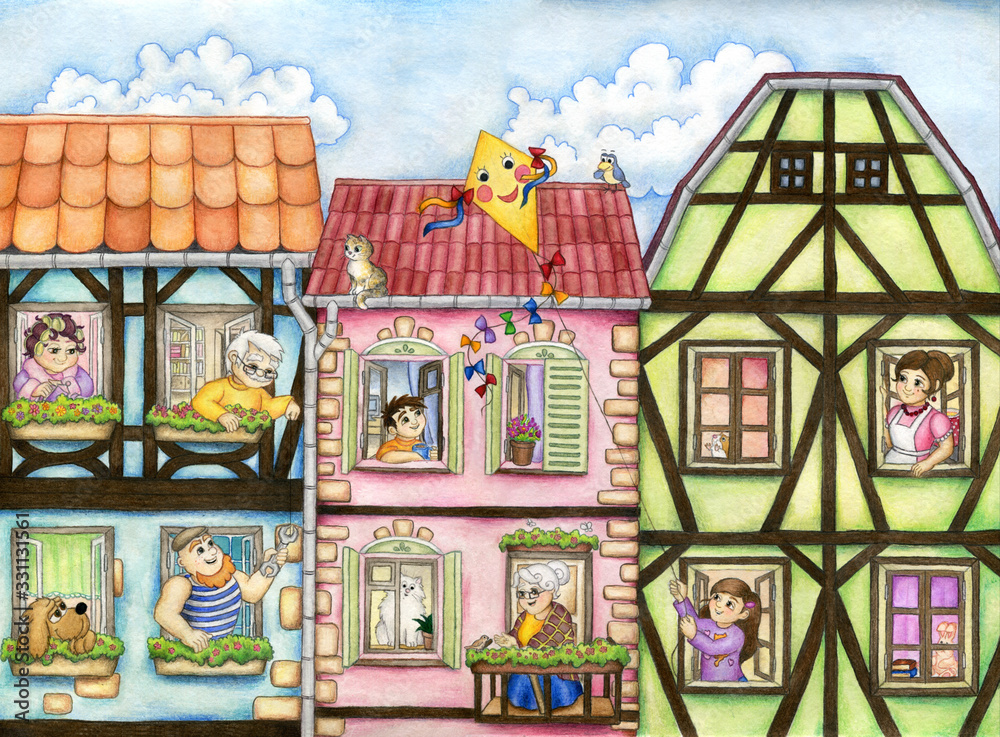 Happy cartoon neighbors in window frames of the apartment houses ...