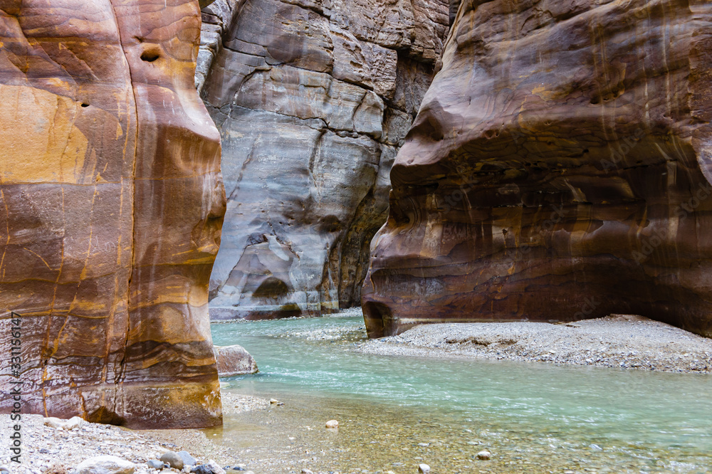 Wadi Mujib Nature Reserve in Jordan. Mujib Canyon near Dead Sea ...
