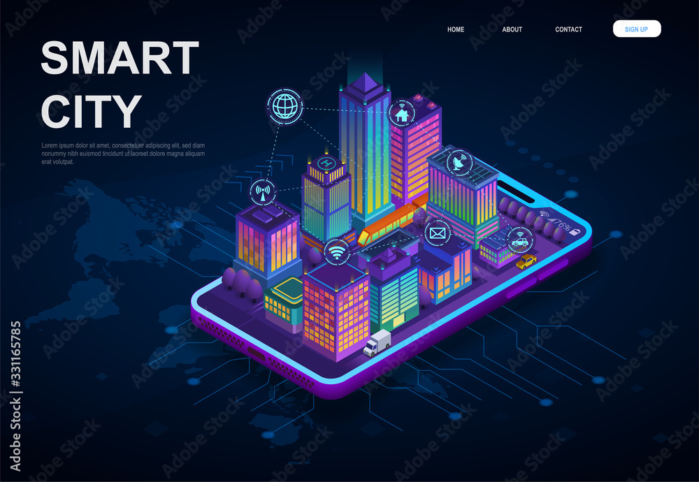 Colorful 3d Smart City with skyscrapers and connectivity icons on a ...