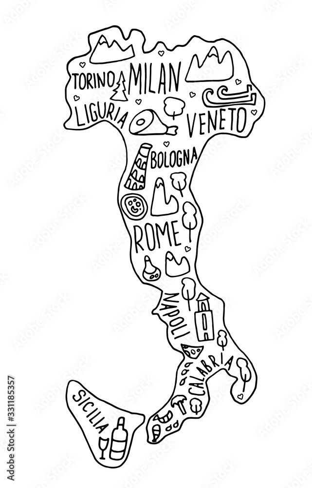 Hand drawn doodle Italy map. Italian city names lettering and cartoon ...