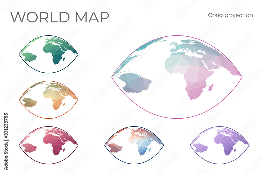 Low Poly World Map Set. Craig retroazimuthal projection. Collection of ...