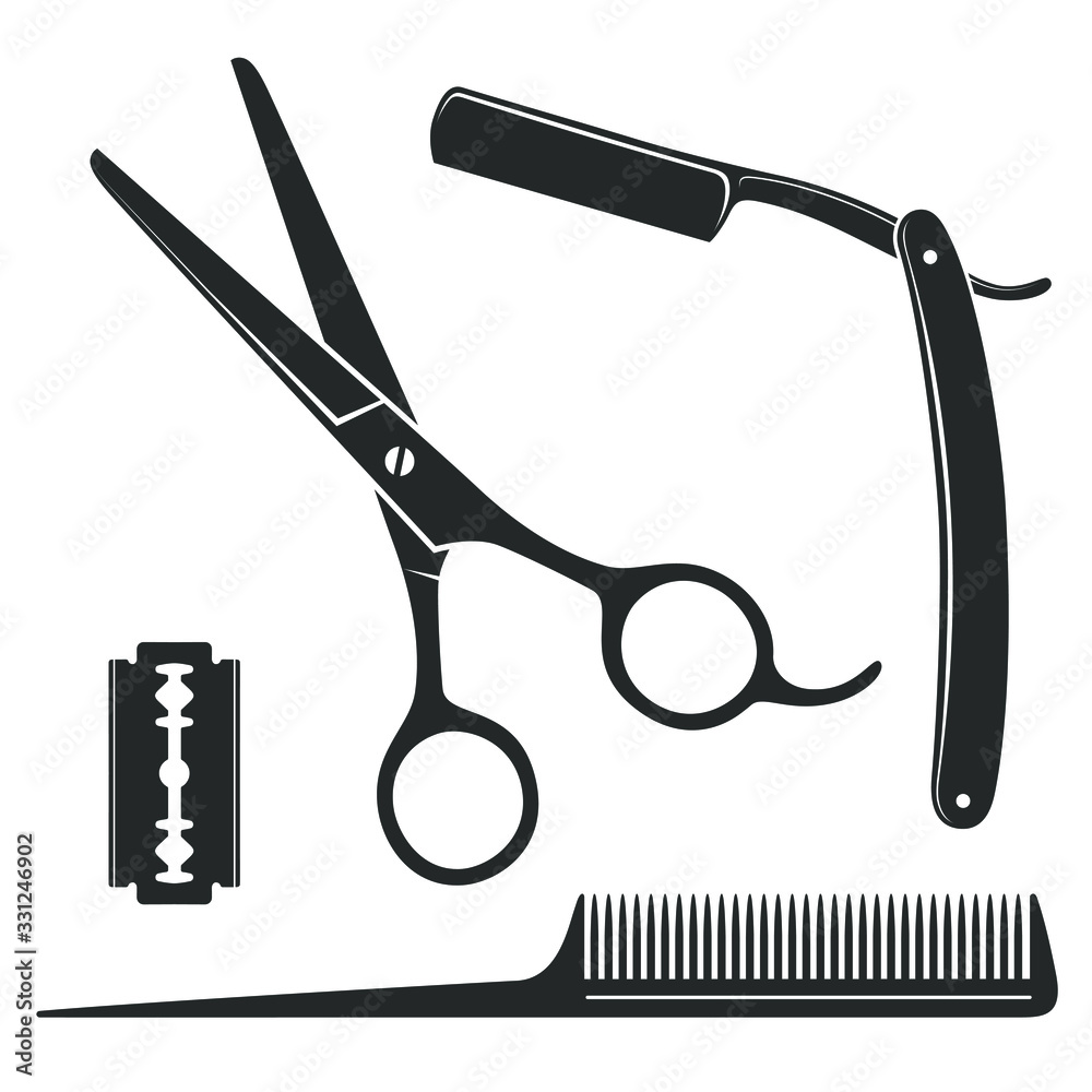 Barber icon set. Scissors, straight razor, comb, blade graphic signs ...