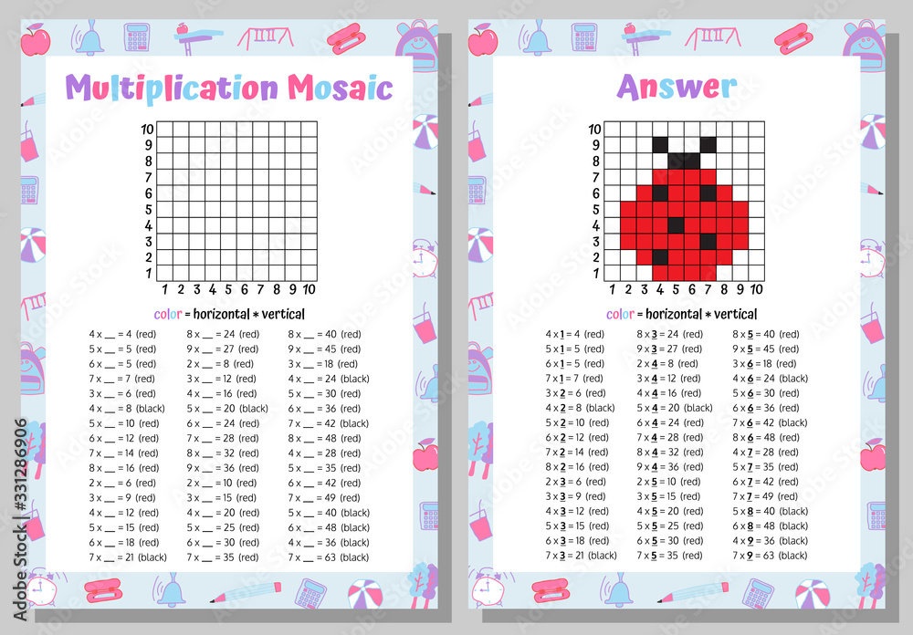 Ilustración de Stock Multiplication Mosaic Math Puzzle Worksheet ...