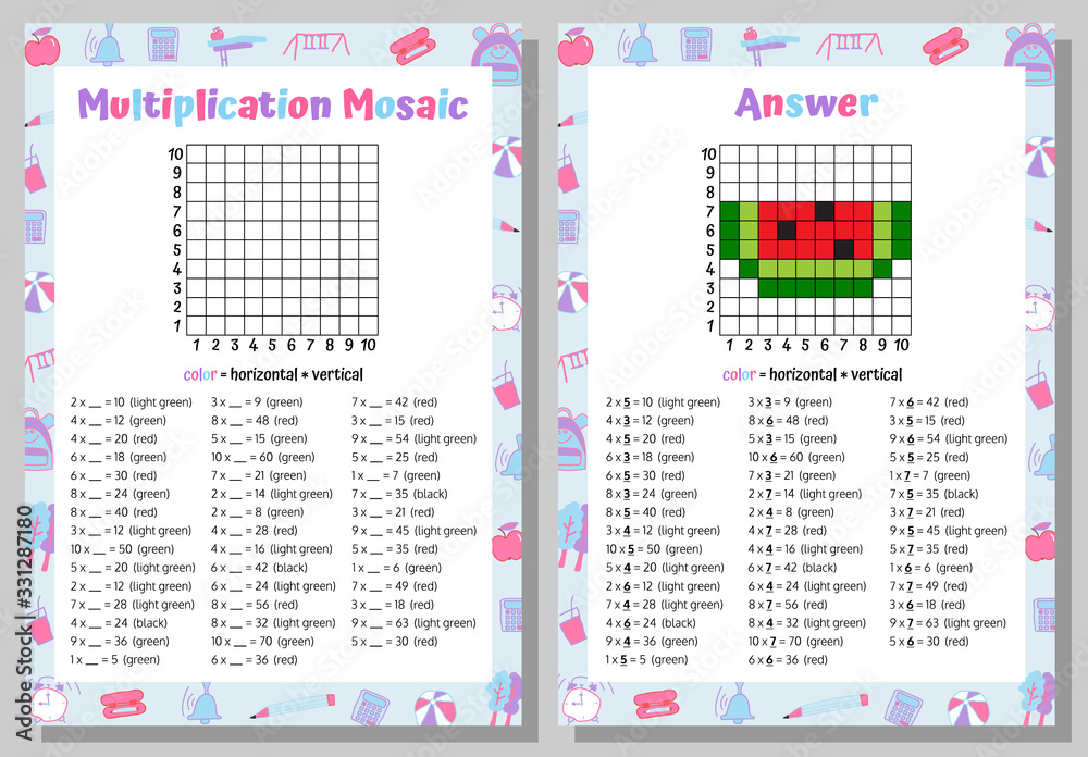Multiplication Mosaic Math Puzzle Worksheet. Educational Game. Coloring ...