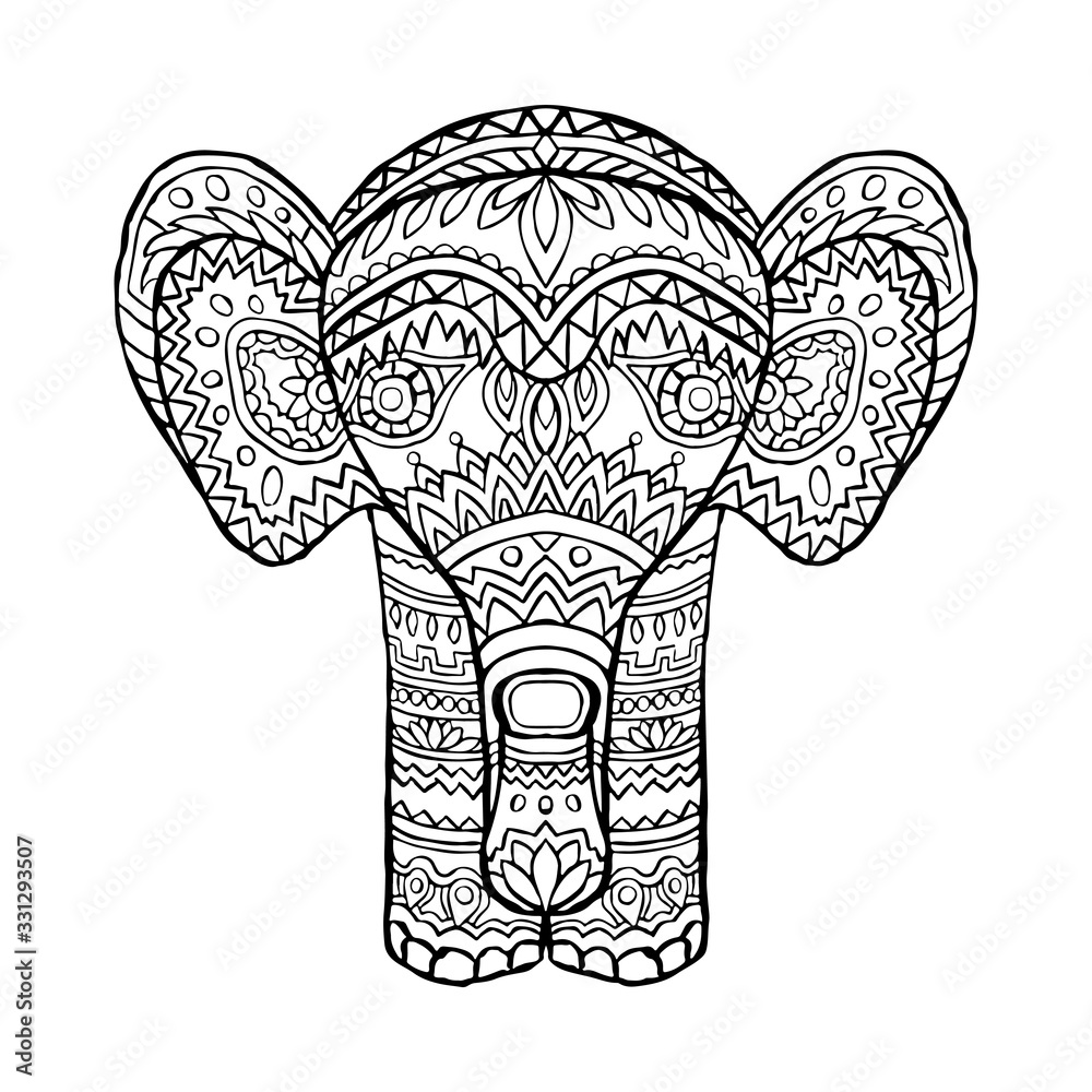 Elephant coloring book. Front view. Vector graphic hand drawing. Black ...