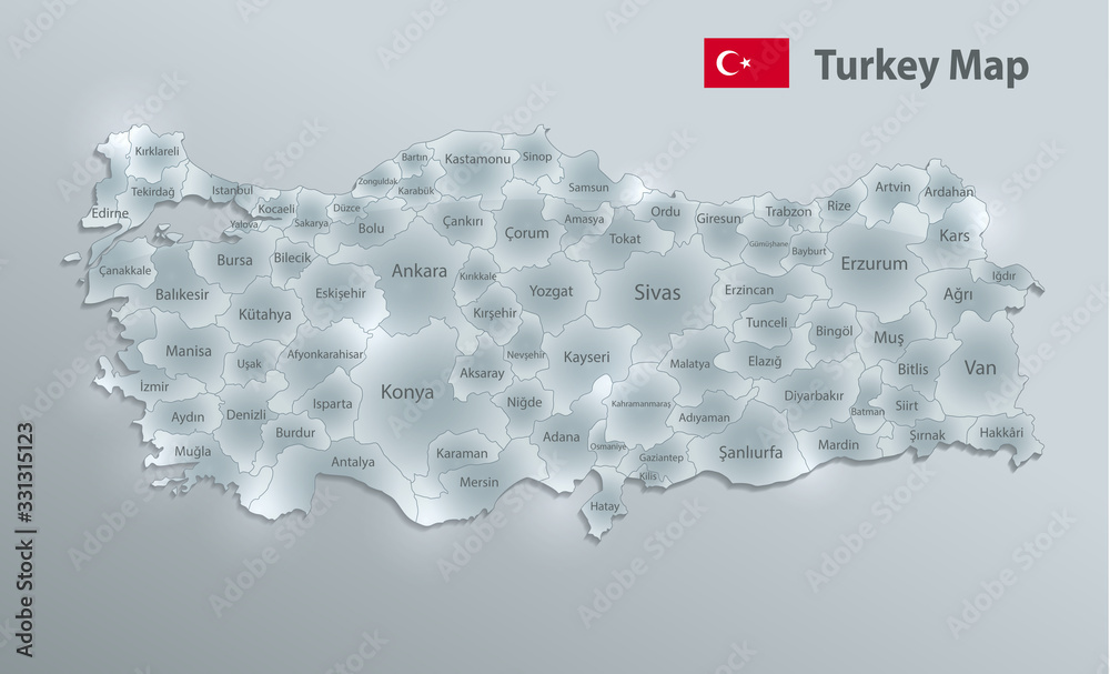 Turkey map and flag, administrative division, separates regions and ...