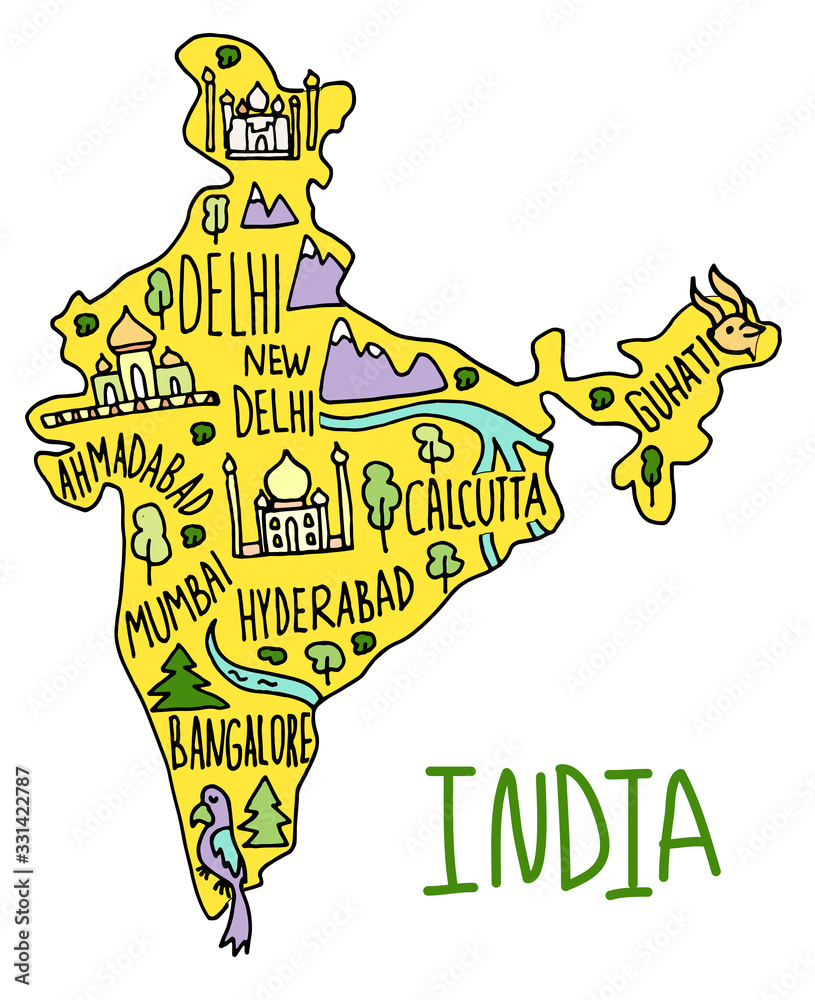 Colored Hand drawn doodle India map. India city names lettering and ...