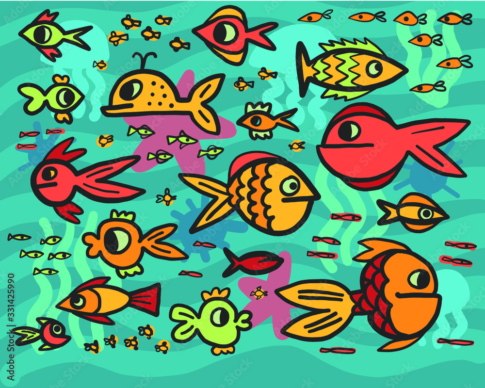 vector pattern illustration, background on a marine theme, fish in the ...