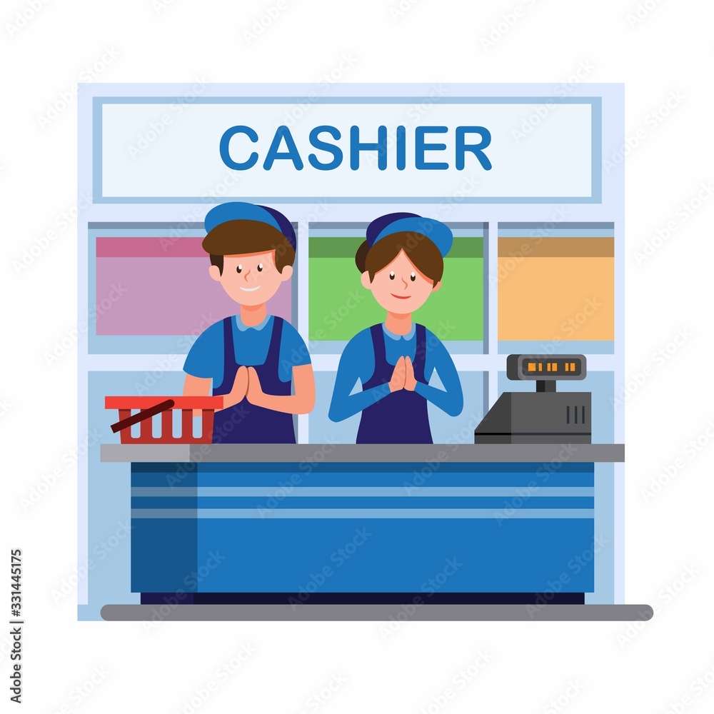 man and woman in uniform working in cashier counter in convenience ...