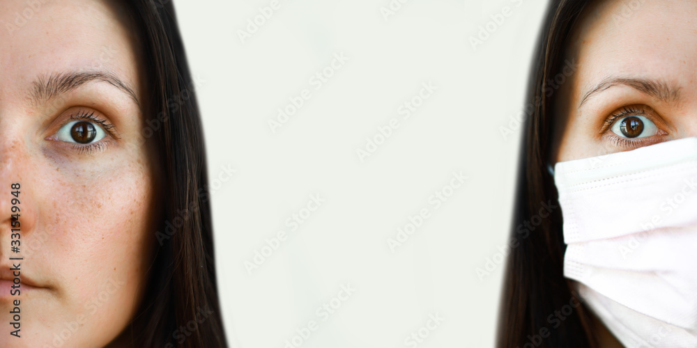 half parts of a woman face with and without mask Stock Photo | Adobe Stock