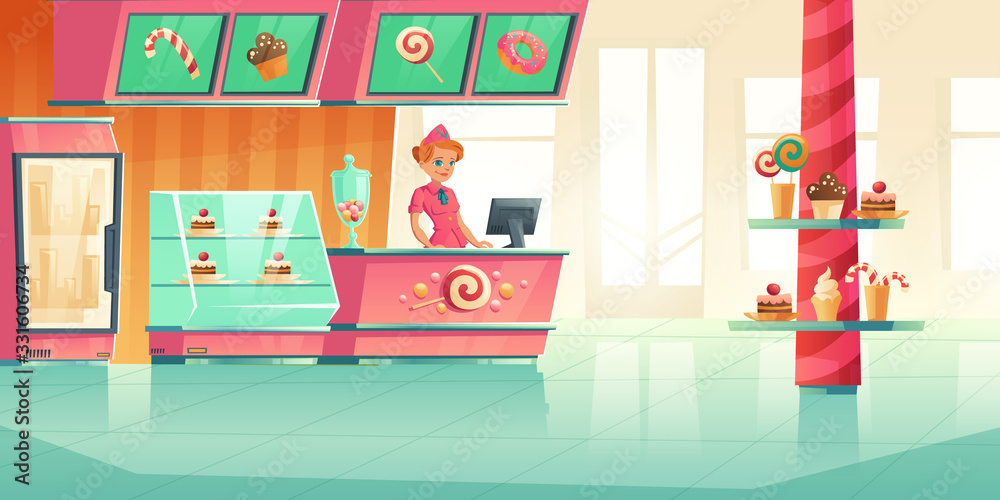 Bakery and candy shop interior with cashier behind bar counter. Vector ...
