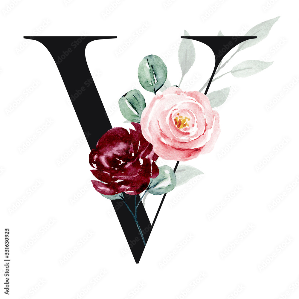 Letter v, monogram wedding with watercolor flowers roses arrangement ...