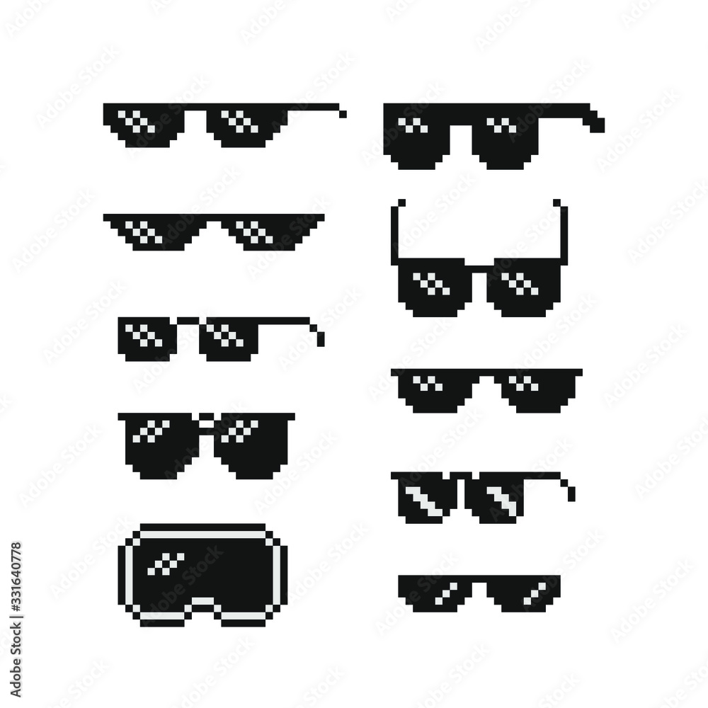 different types of sunglasses pixel art icons set, isolated vector ...