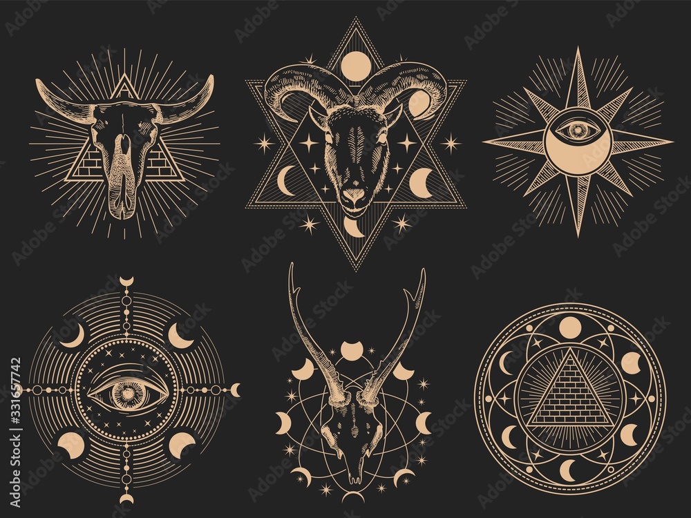 Occult symbols. Vector illustration set. Occult magic tattoo, sacred ...
