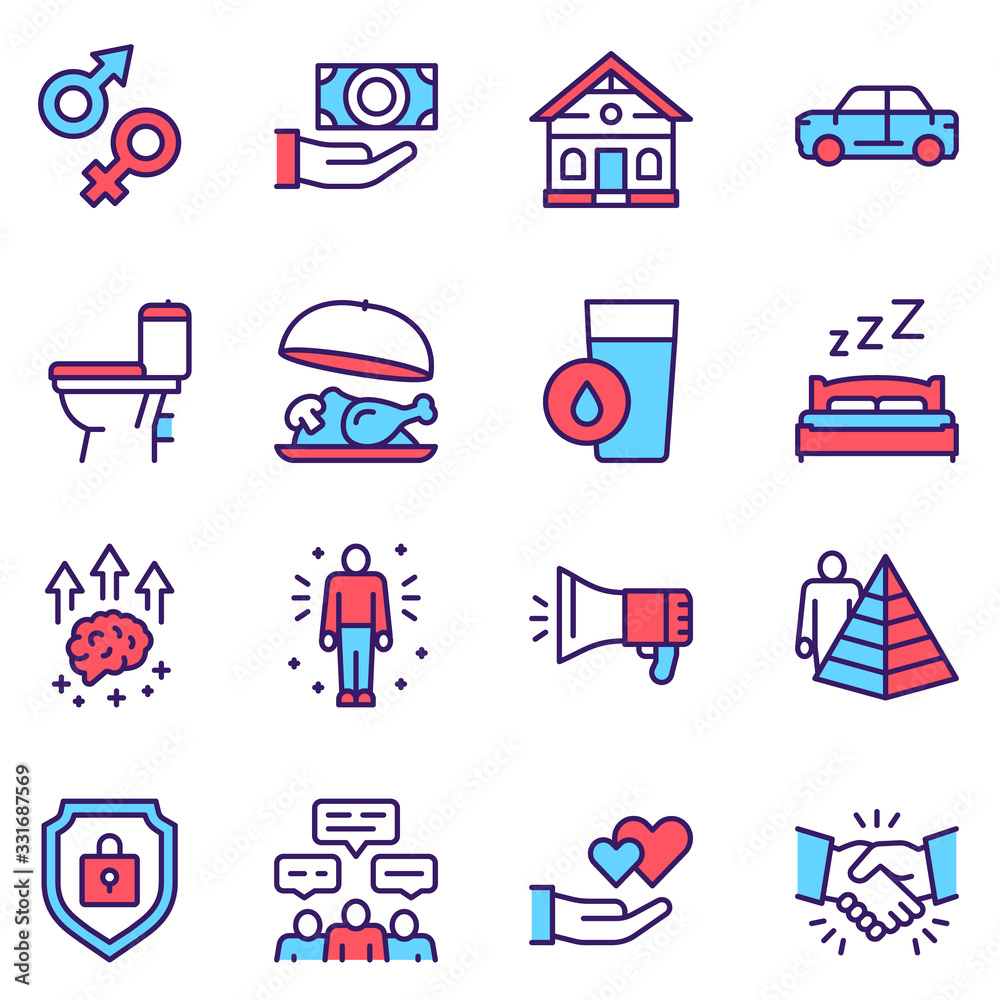 Hierarchy of human needs linear color icon set. Maslow Pyramid concept ...