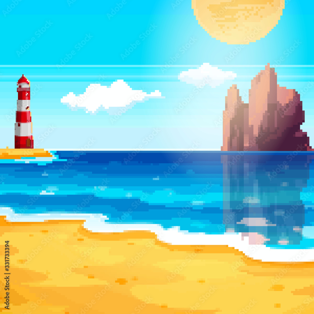 Pixel background for summer vacation.Summer beach game background. Pixel lighthouse. Pixel art 8 ...