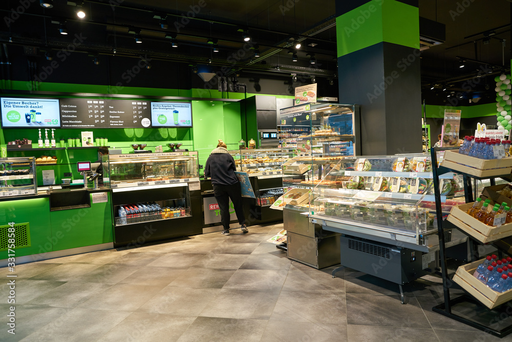 Fotografie COLOGNE, GERMANY - CIRCA OCTOBER 2018: interior shot of REWE ...