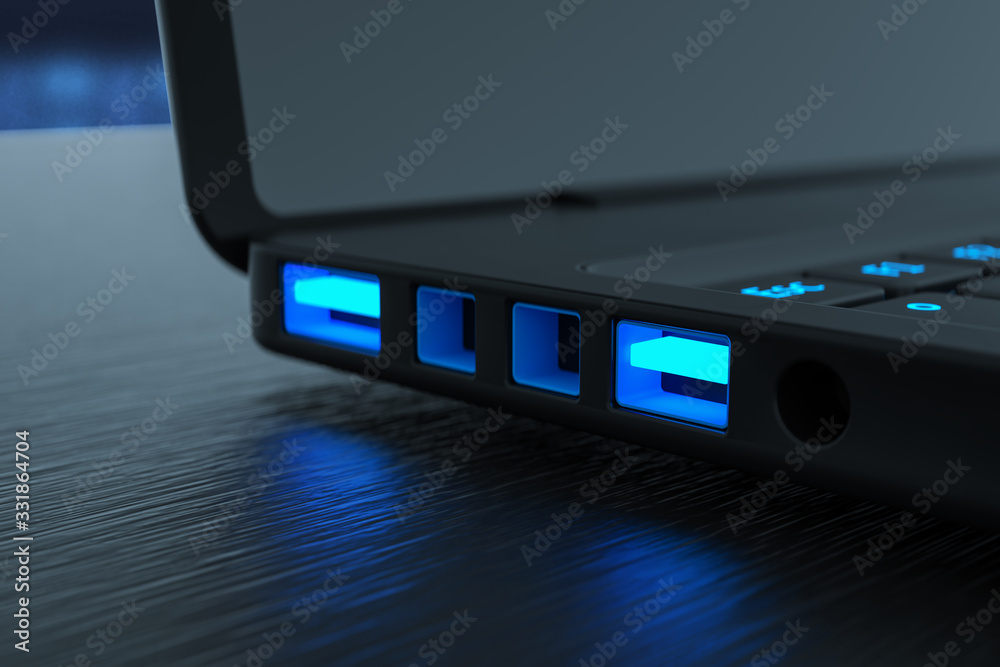 USB port and glowing symbol in dark, modern keyboard buttons, close up ...