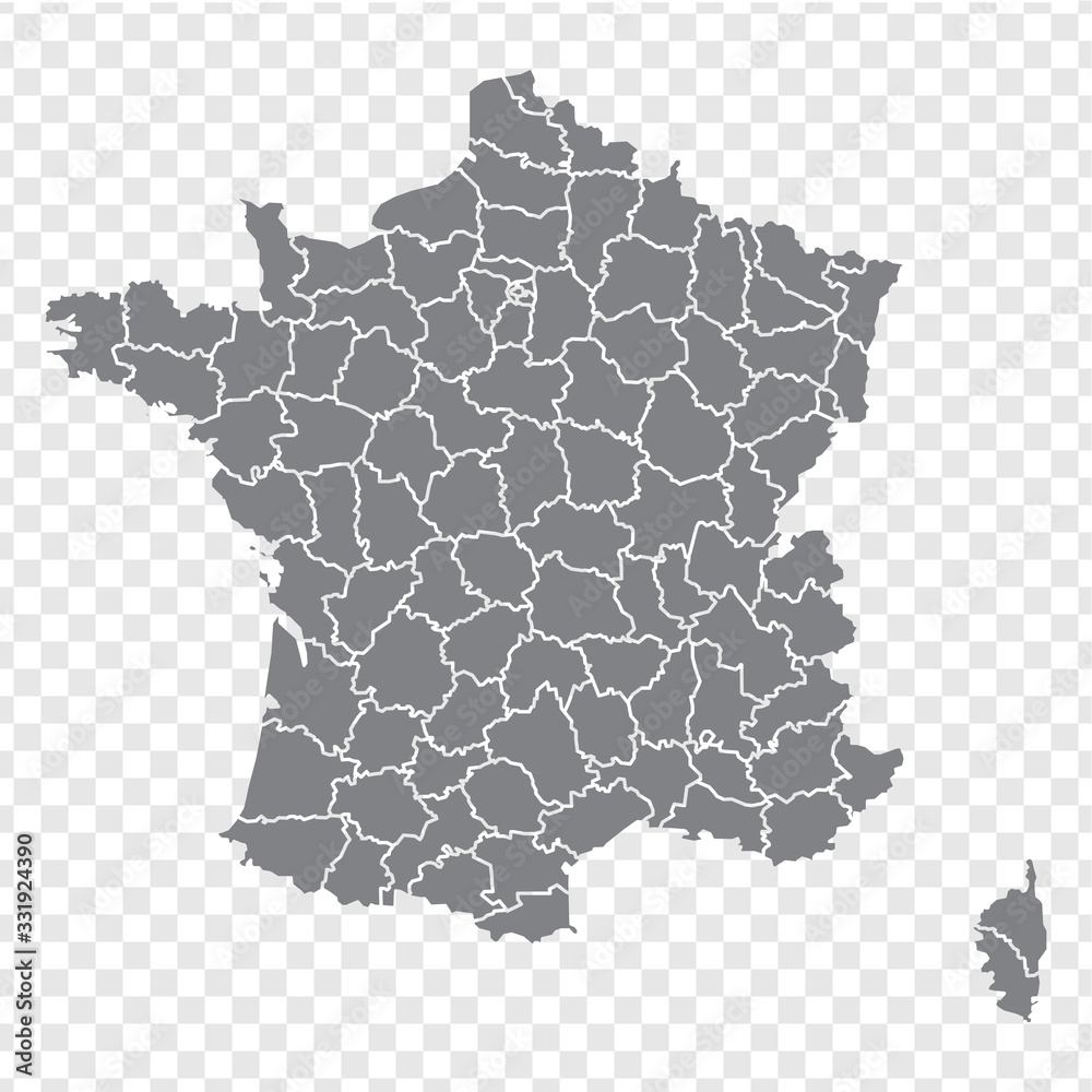Blank map France. Departments of France map. High detailed gray vector ...