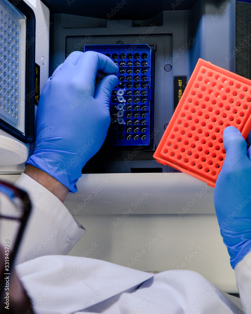 Loading a DNA tube into a PCR (polymerase chain reaction) thermocycler ...