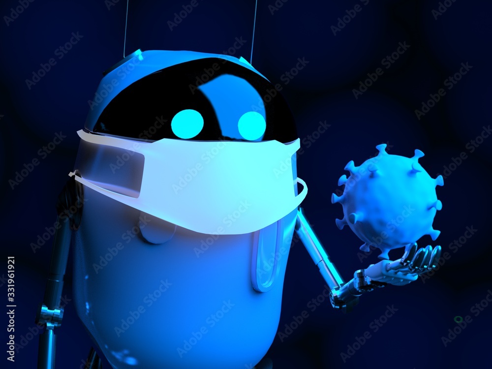 The robot studies a coronavirus with gauze mask medical,nano robot with ...