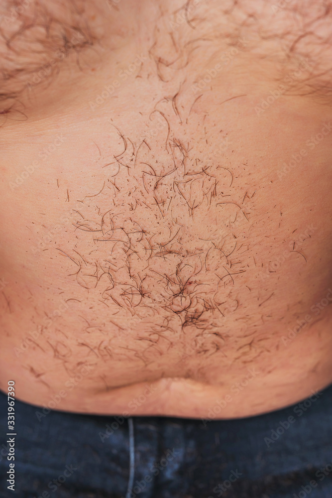 Hair after shaving haircuts on the male body. Cut hair on a naked male ...