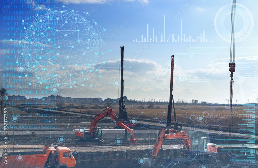 automation concept of the construction industry, construction work on ...