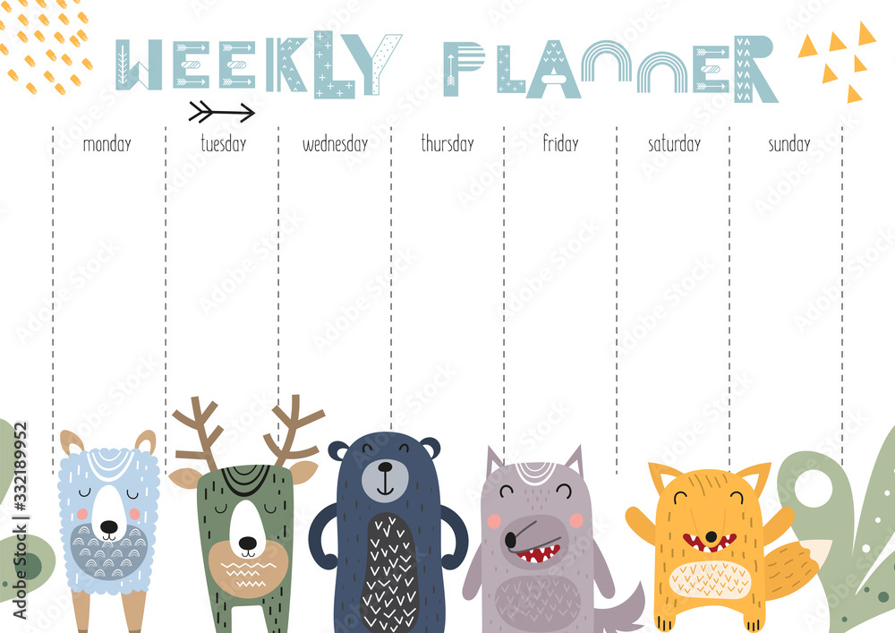 Weekly planner with scandinavian animals in doodle cartoon style. Kids ...