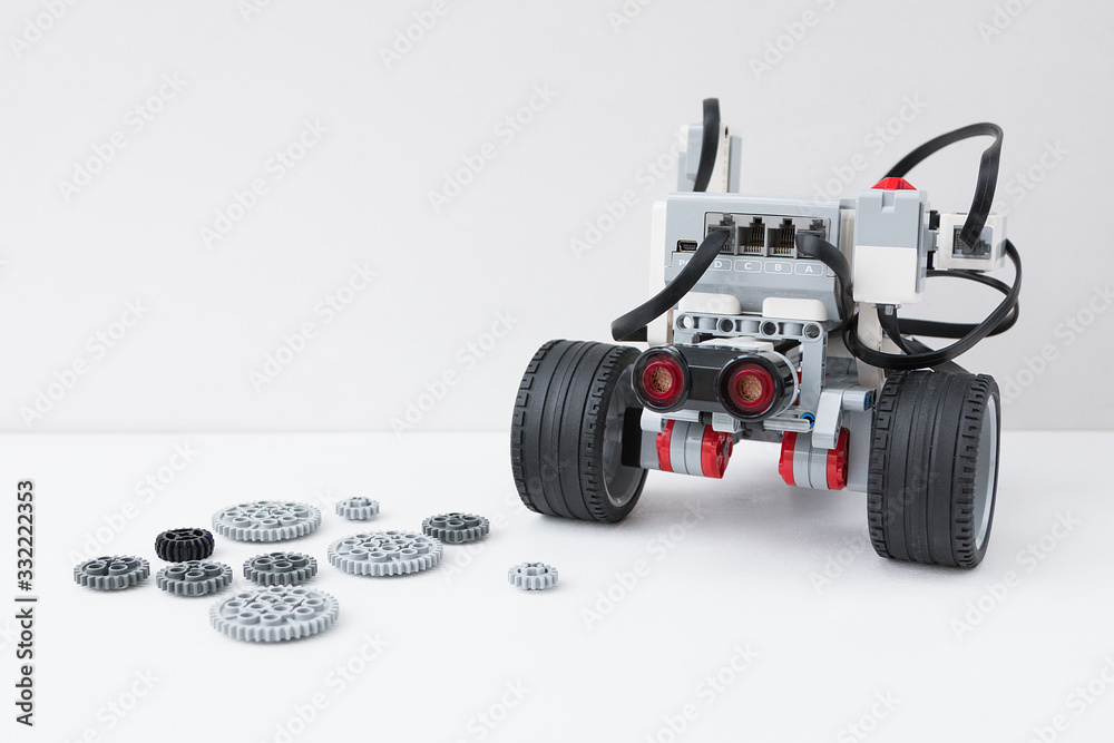 Minsk, Belarus. November, 2018. Robotic car. Robot Lego Mindstorms EV3 ...