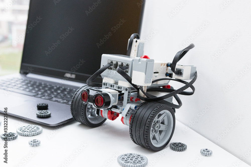 Minsk, Belarus. November, 2018. Robotic car. Robot Lego Mindstorms EV3 ...