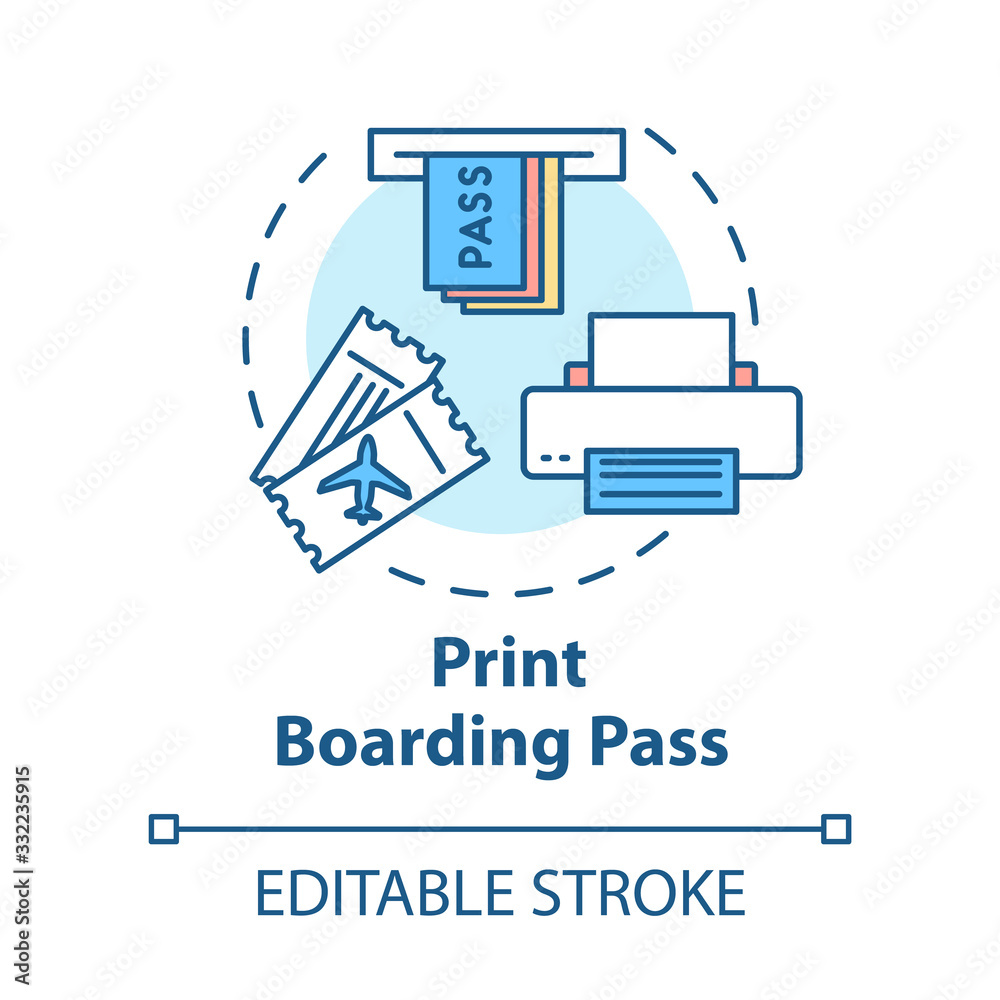 Printing airplane electronic boarding pass concept icon. Airline ticket ...