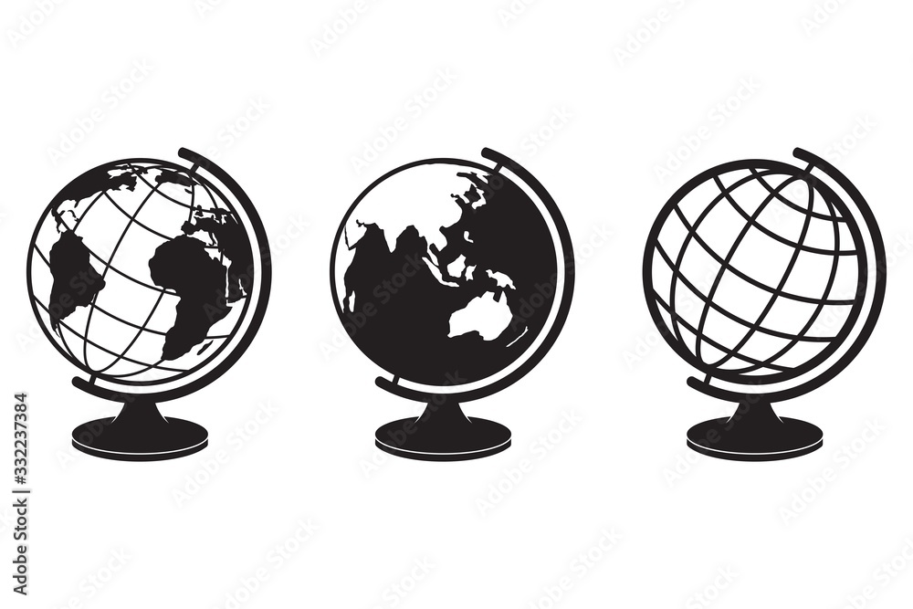 Earth globe icon set. earth hemispheres with continents. world map in ...