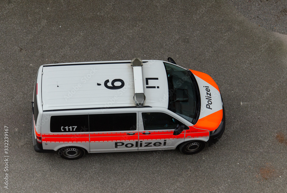 ZURICH, SWITZERLAND - CIRCA MARCH 2020: View from above on patrol car ...