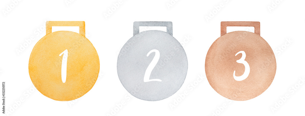 Three round medals with different numbers. Single object set. Golden ...