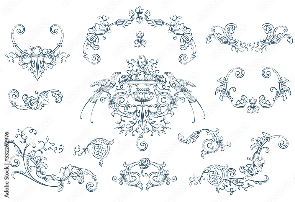 Floral decorative vector elements set, rococo and baroque style ...