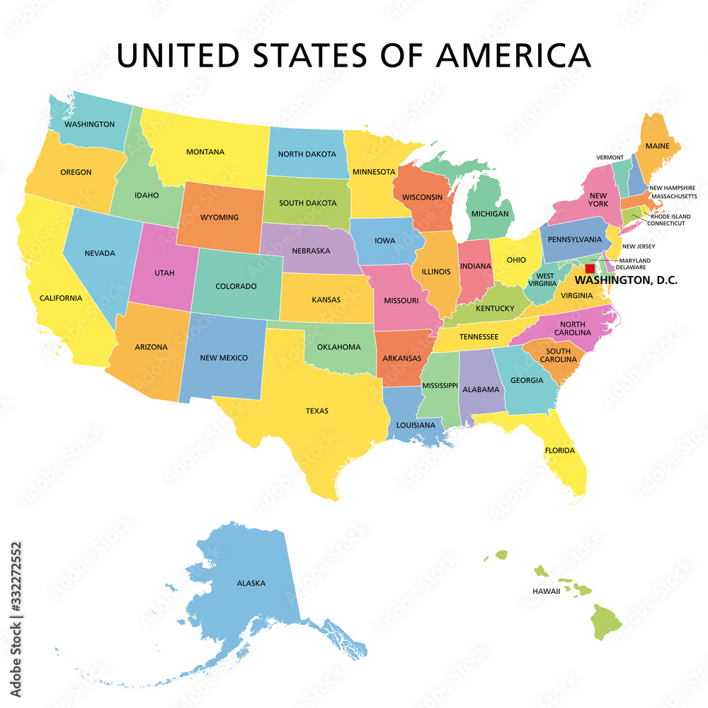 United States of America, multi colored political map. 50 states with ...