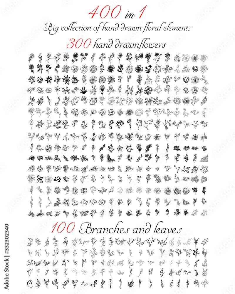 Huge outline collection of 400 hand-drawn floral elements. Big ...