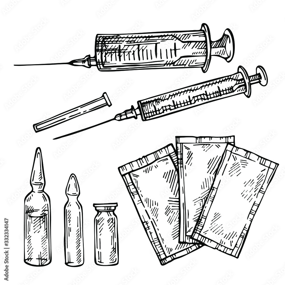 Sketch hand drawn syringe, ampoule, and sachet medicine. Syringe ...