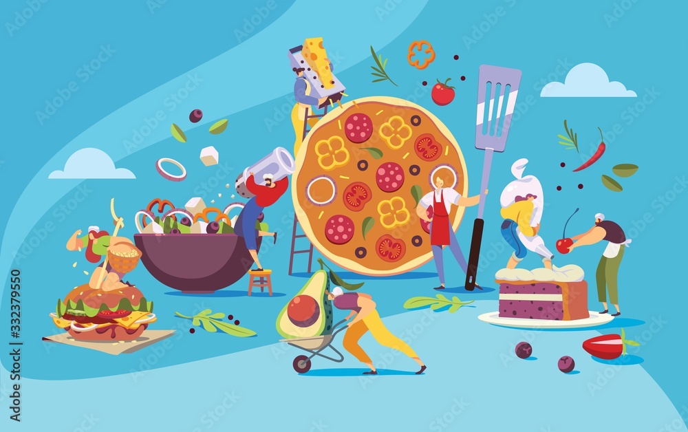 Restaurant team cooking food, pizzeria cafe menu concept, vector ...