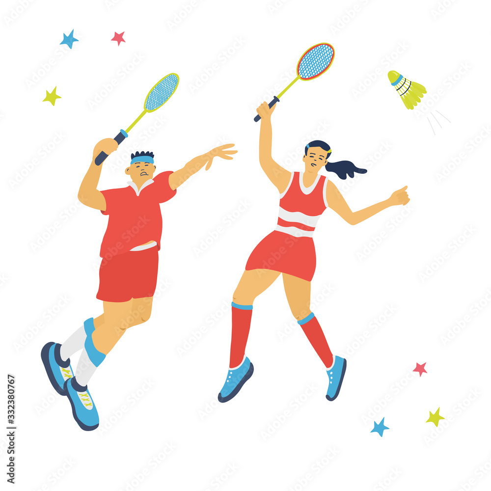 Mixed doubles badminton game. Man and woman jump and swing their ...