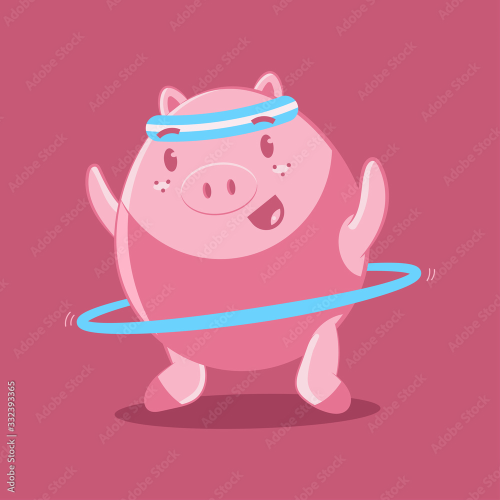 Cute pig with hula hoop doing fitness exercise funny vector cartoon ...