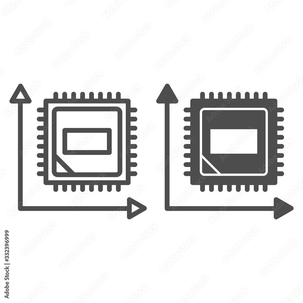 Microchip in graph line and solid icon. Computer chip in coordinate ...