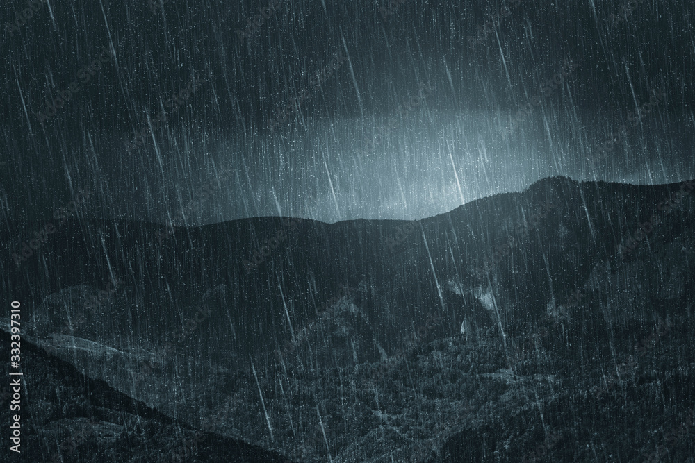 rainy weather dark landscape, mountain view during heavy rain Stock ...