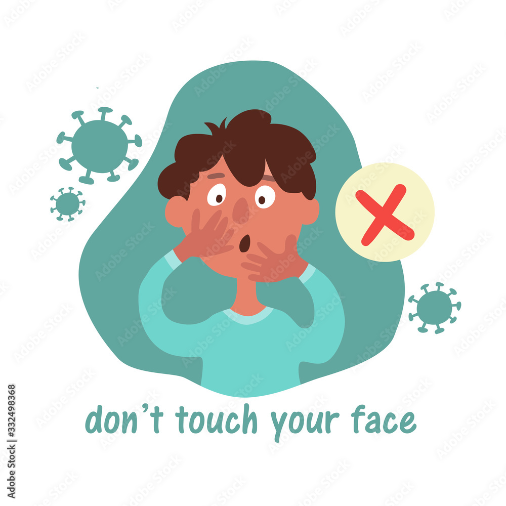 Boy touches his face with hands. do not touch your face with your hands ...