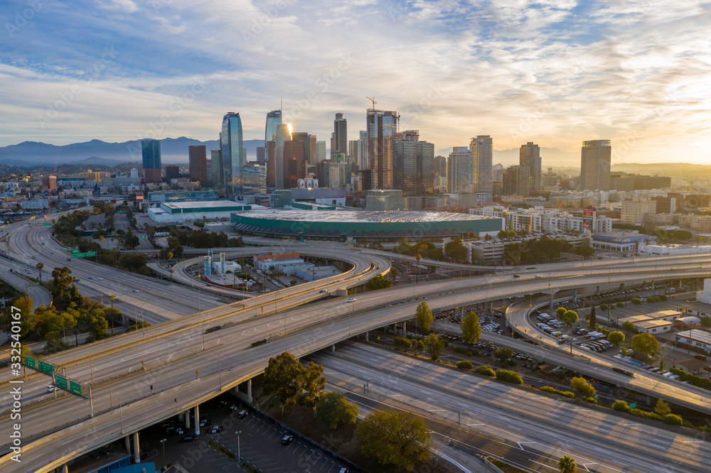 Aerial view of empty freeway streets with no people in downtown Los ...