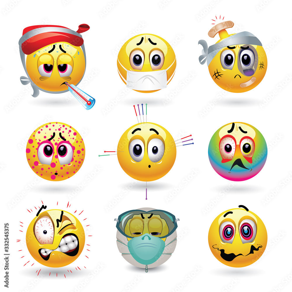Smiley balls with various diseases. Illustration of emoticons with ...