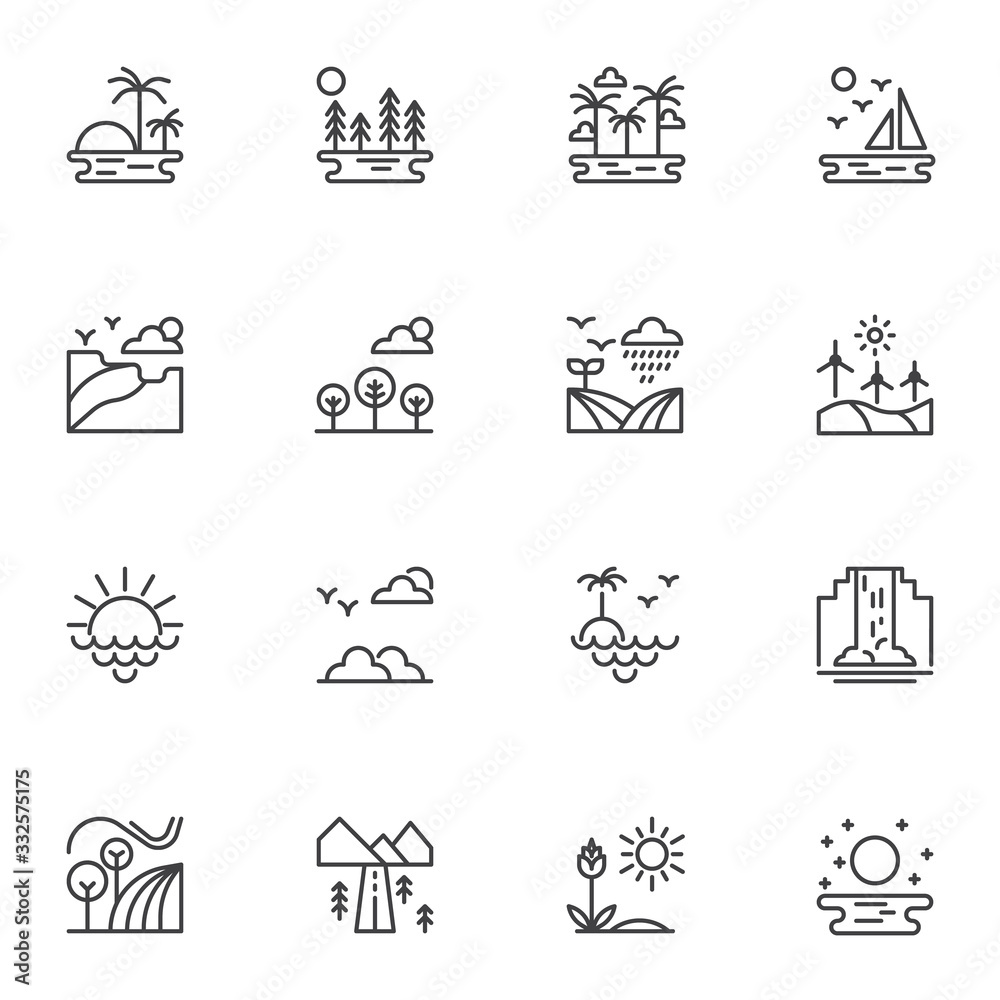 Nature, landscape line icons set. linear style symbols collection ...
