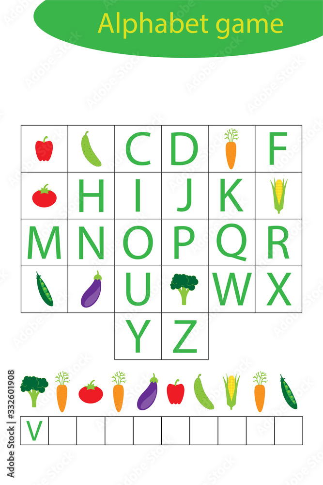 Vegetables alphabet game for children, make a word, preschool worksheet ...